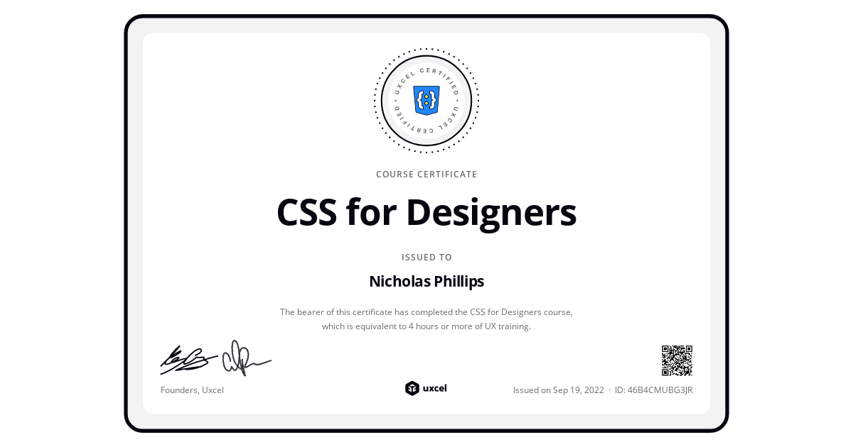 Certificate of completion for CSS Foundations | Uxcel